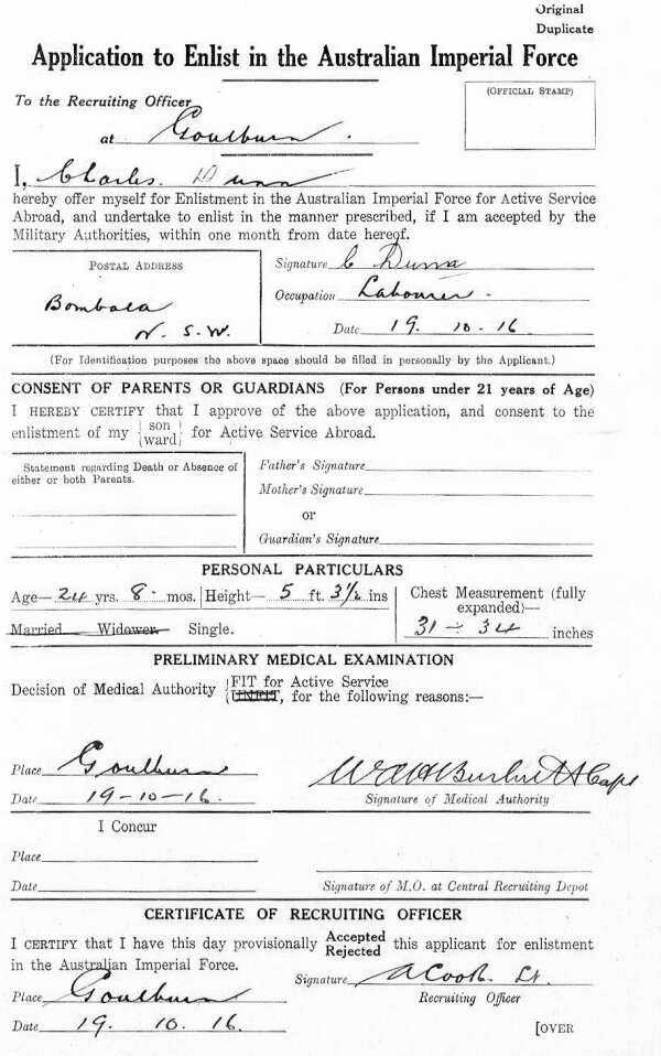 Enlistment application, WW1 for Charles Henry Dunn – James O'Brien