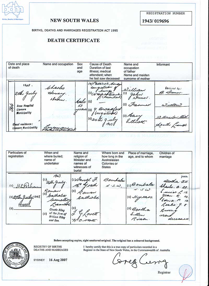 Charles Dunn Death Certificate – James O'Brien