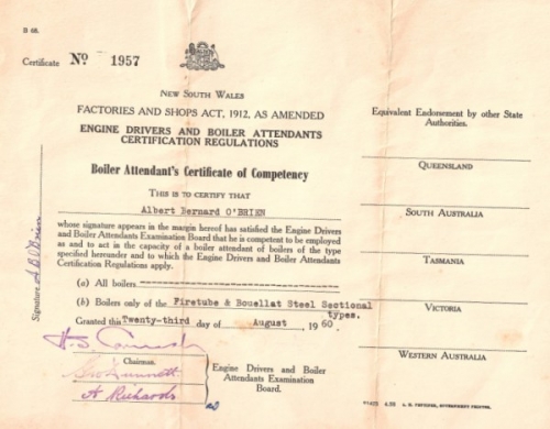 Boiler attendants certificate – James O'Brien